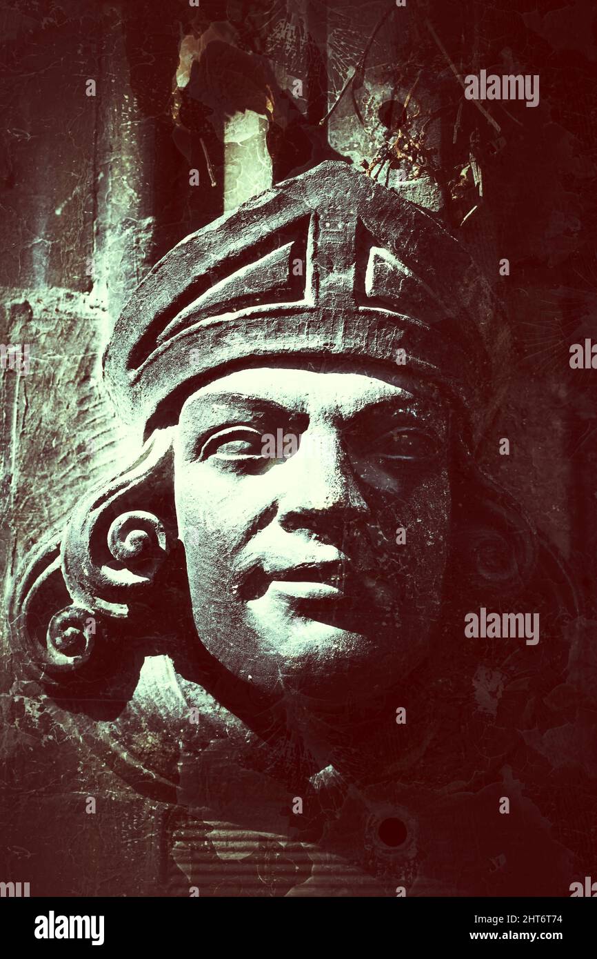 Majestic medieval stone face of a young man with a strong Gothic ...