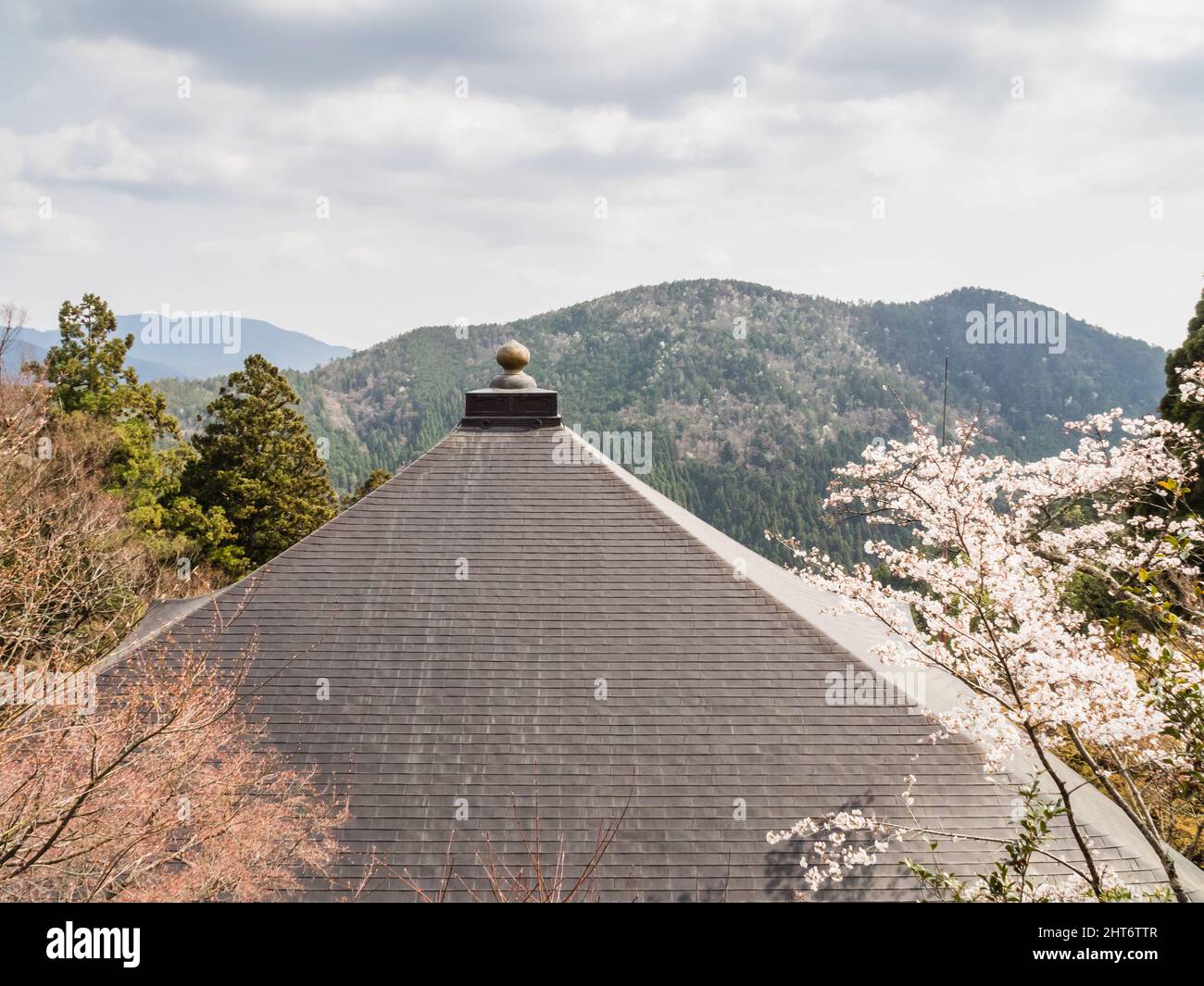 Peak of a temple at the Kibune Shrine surrounded by spring landscapes ...