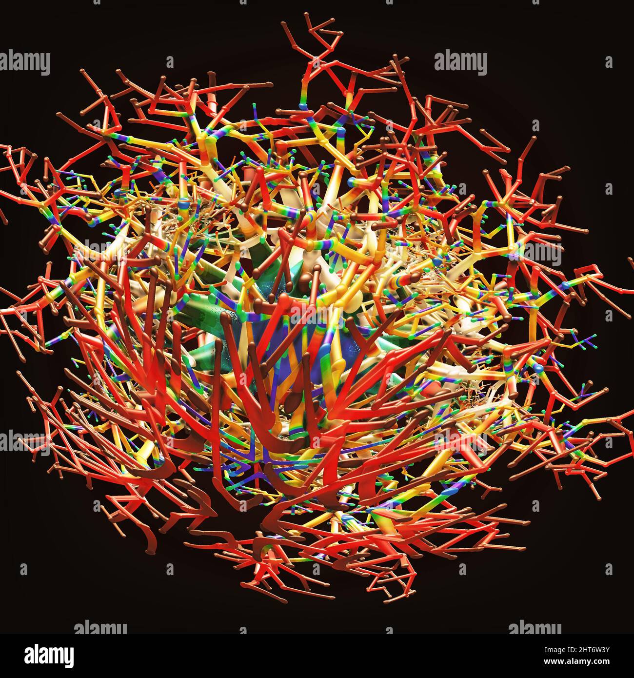 A 3D illustration of the map of brain connections on a black background ...