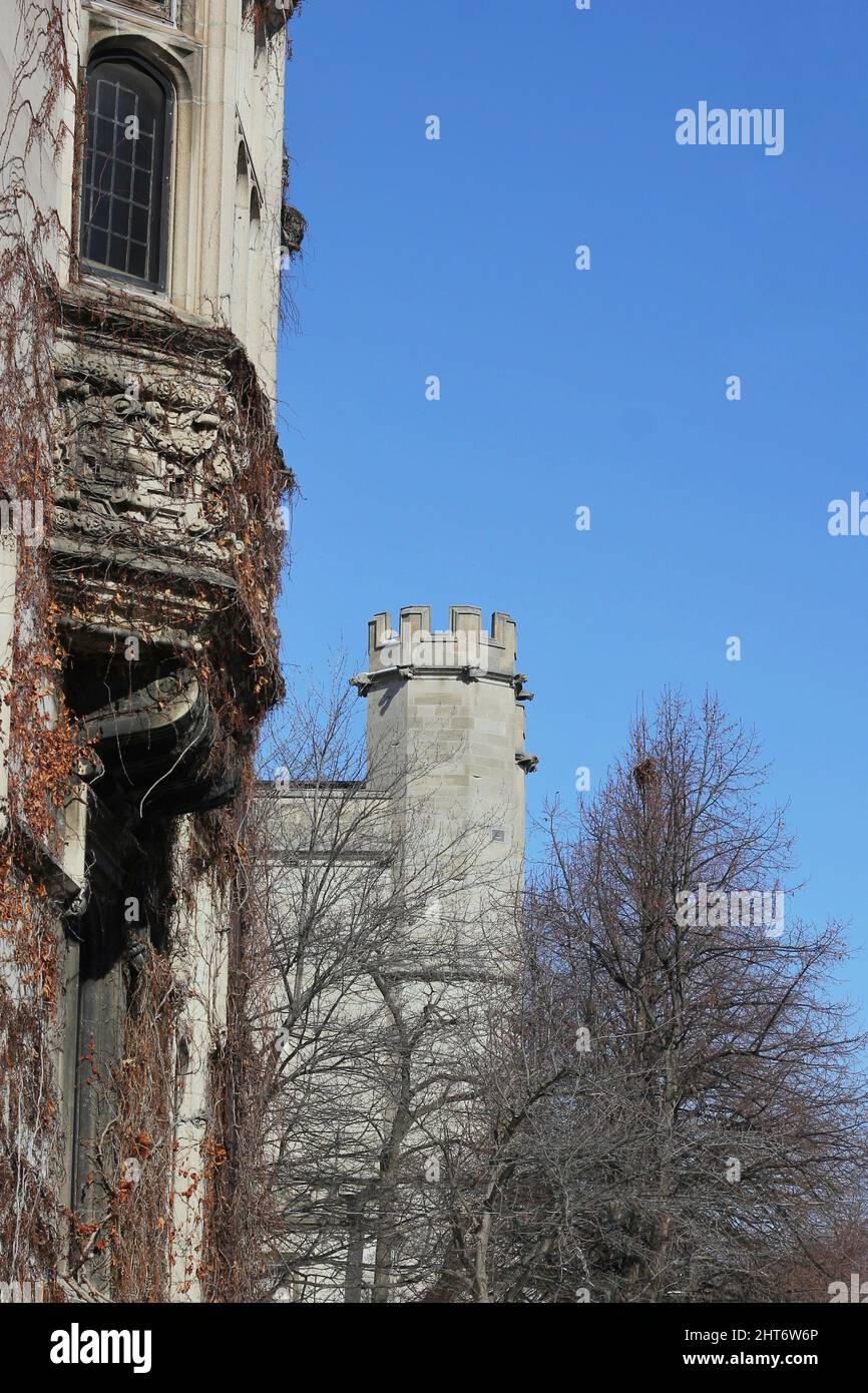 A forbidding medieval castle tower in the distance Stock Photo - Alamy