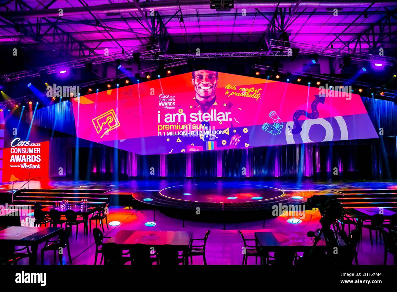 Colorful stage and Lighting set-up at Cars.co.za Awards Event Stock ...