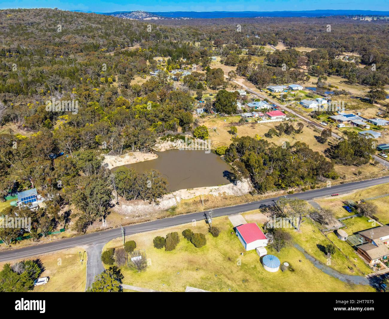 Aerial view of Emmaville with houses and fields in NSW, Australia Stock ...