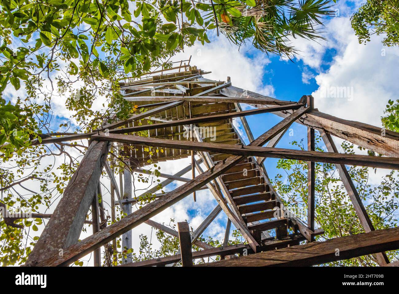 Wooden viewpoint tower with panorama view to the Muyil Lagoon in the ...