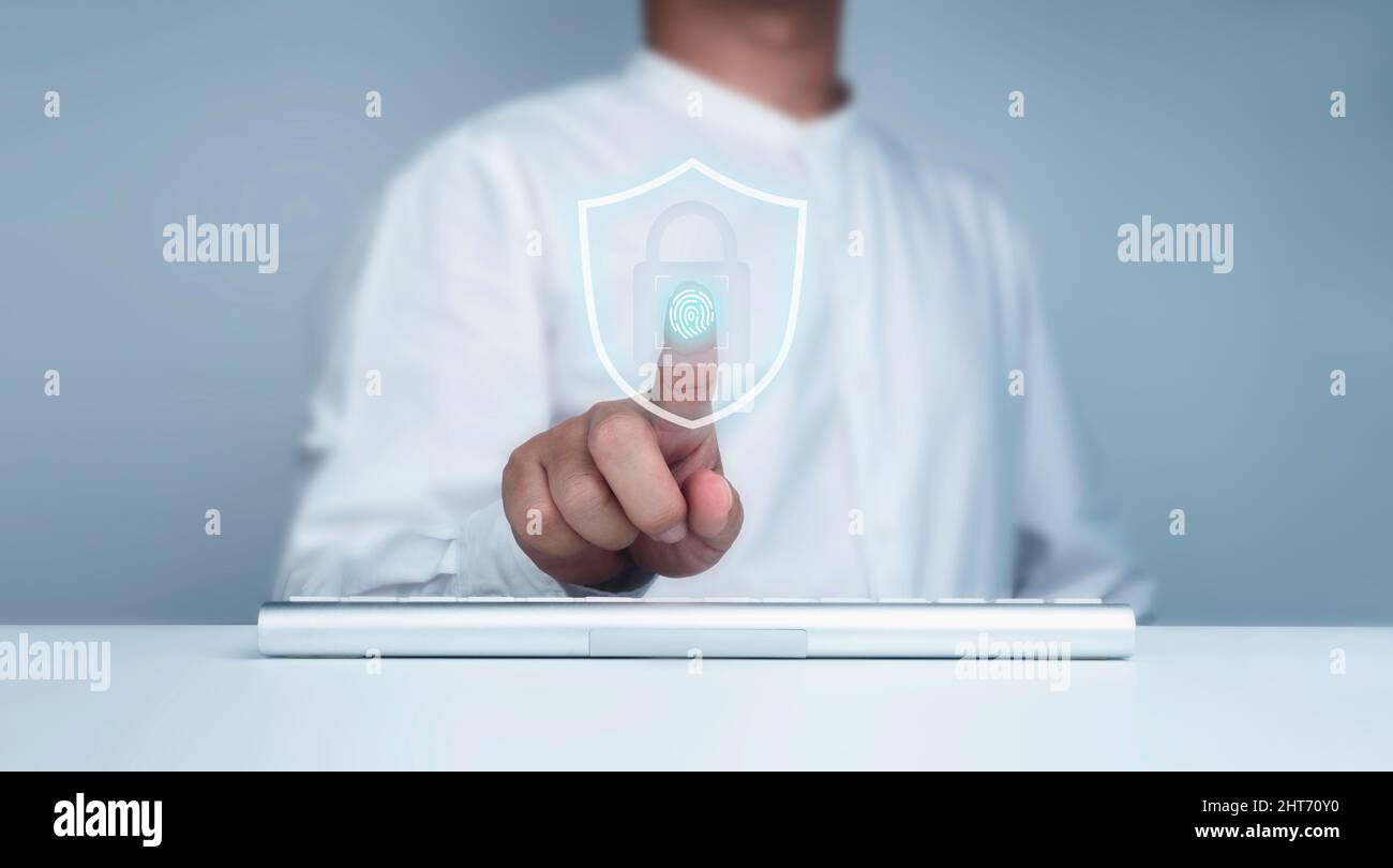 Fingerprint scan and shield, lock icon appeared on virtual screen while ...