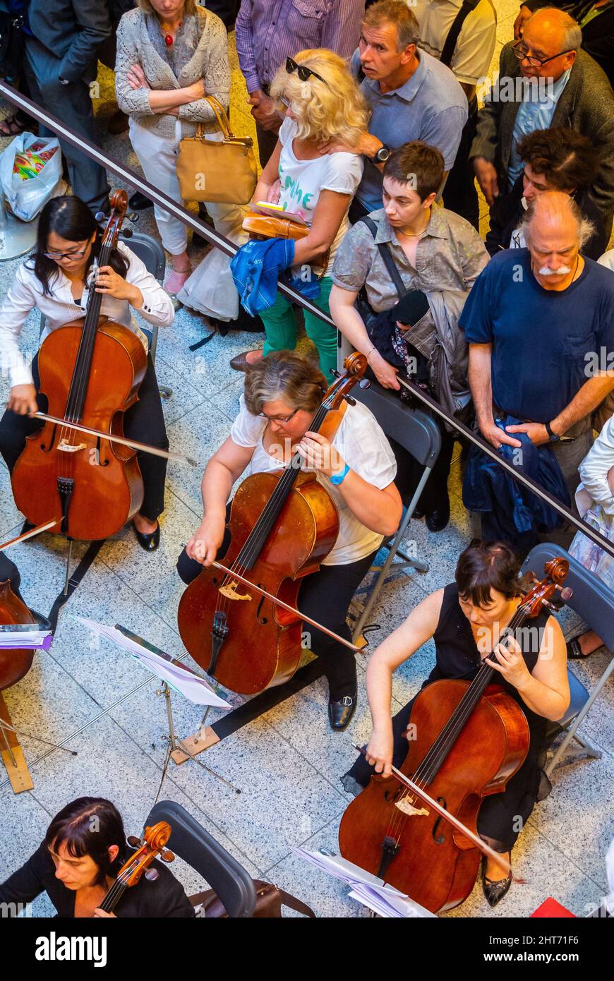 Paris, France, Large Crowd People, sitting, Playing Musical Instrrments ...