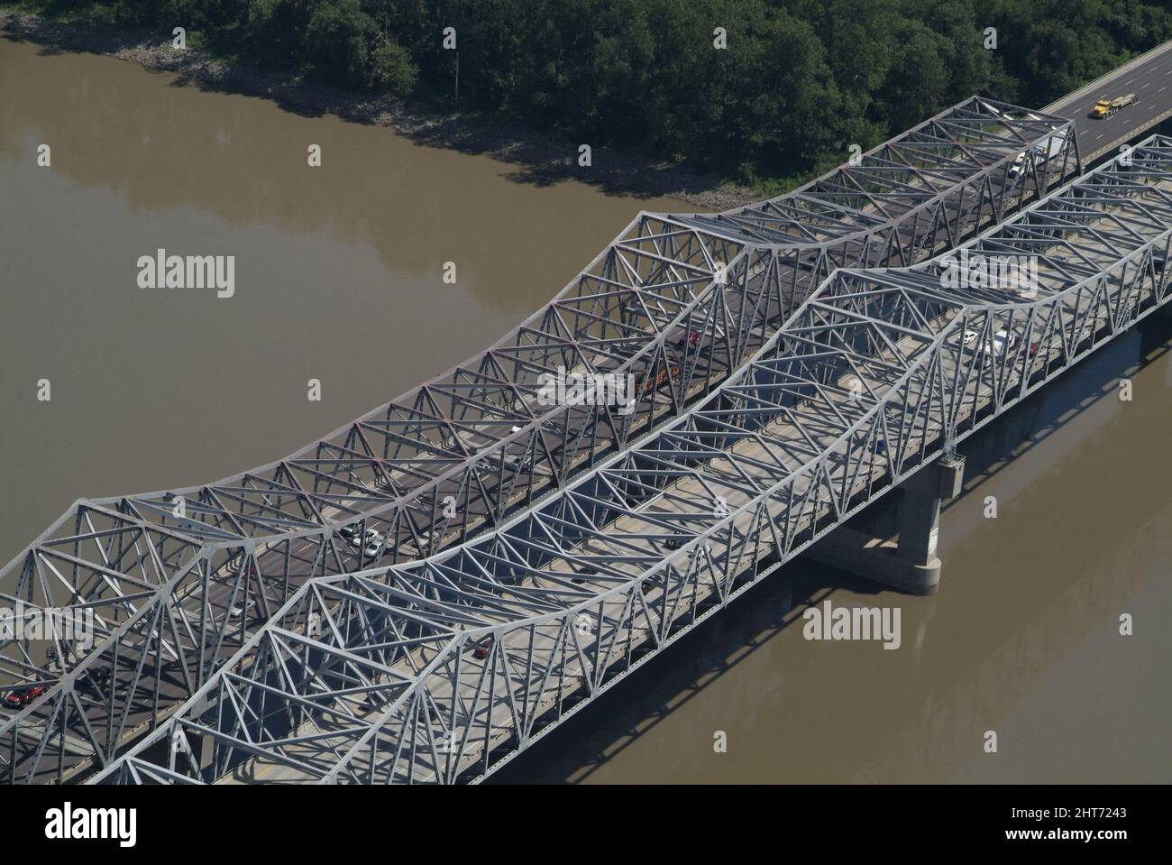 Aerial view of a major highway bridge across the Missouri River in ...