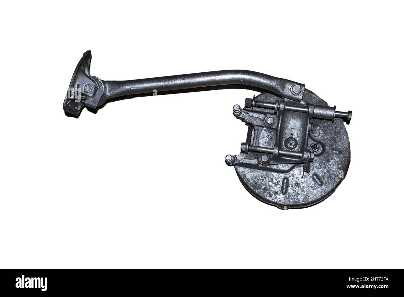 Closeup of a car trailing arm connected to wheel hub isolated on a ...