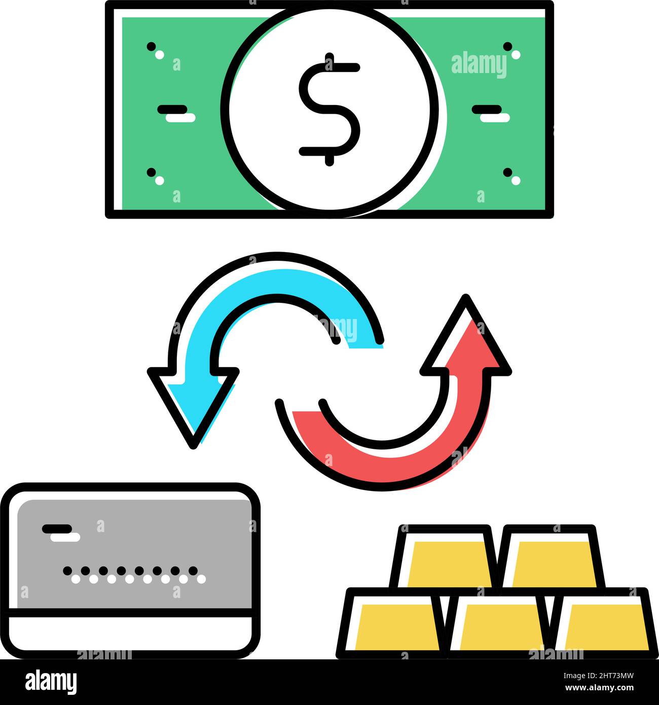 cash exchange on gold and electronic money color icon vector ...