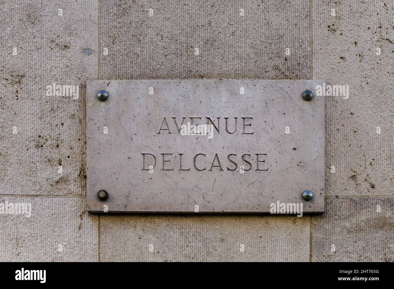 Typical avenue name, Avenue Delcasse, carved on a metallic board on a ...