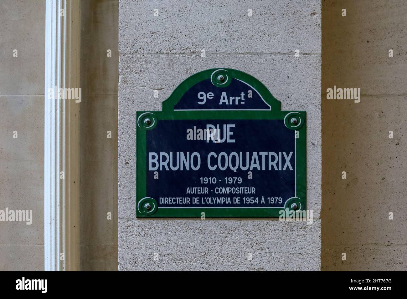 Signboard of a Rue Bruno Coquatrix street in Paris, France Stock Photo ...