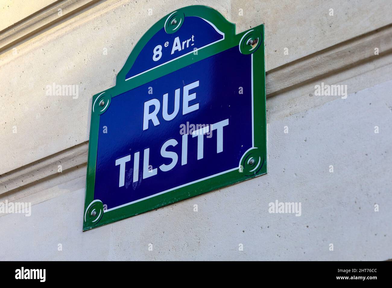 Photo of a typical street name plate of RueTilsitt in Paris Stock Photo ...