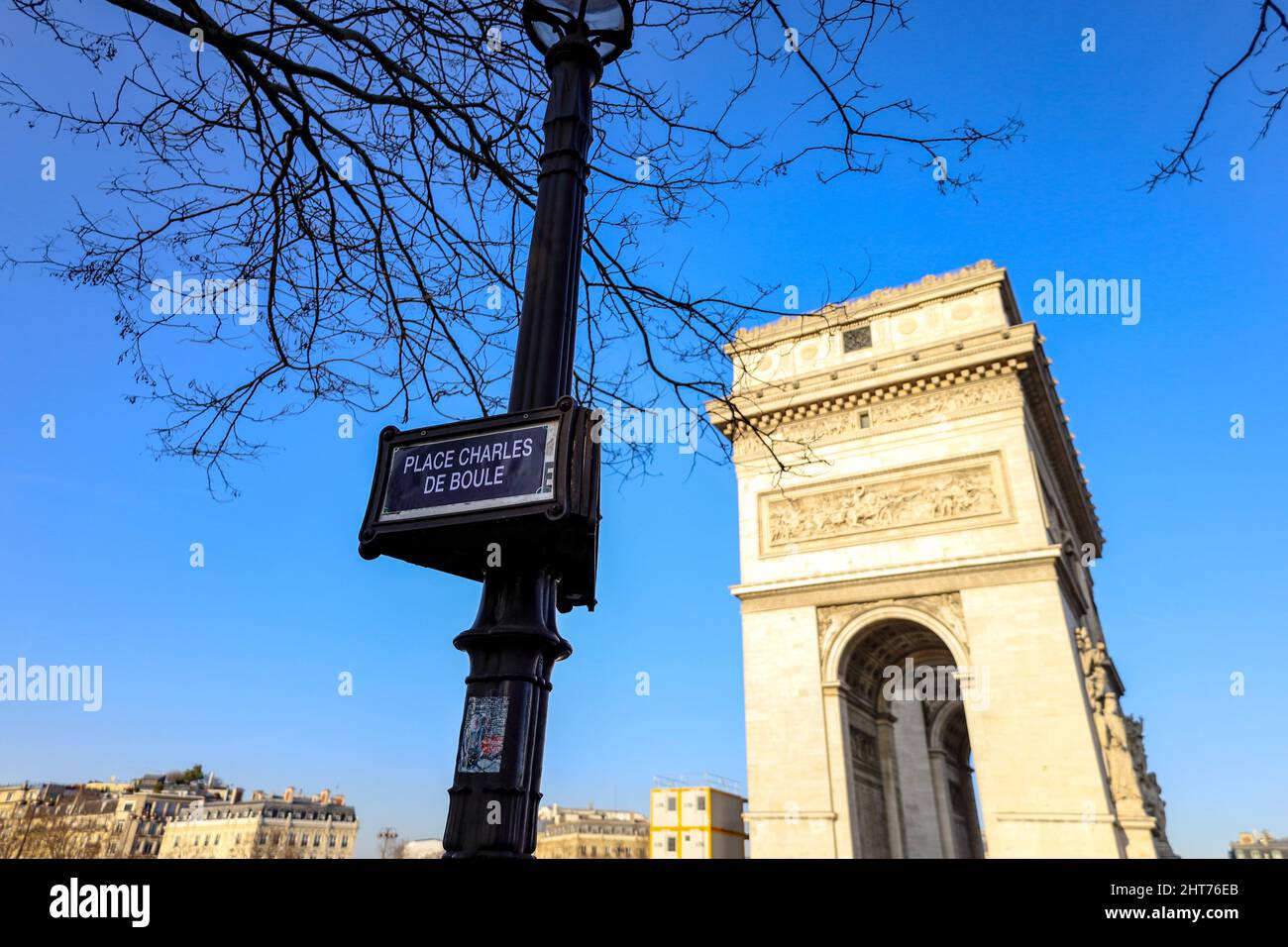 Photo of a typical street name plate near the Arch of Triumph in Paris ...