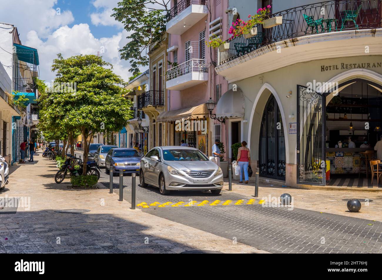 Cars and traditional architecture in El Conde shopping street Stock ...