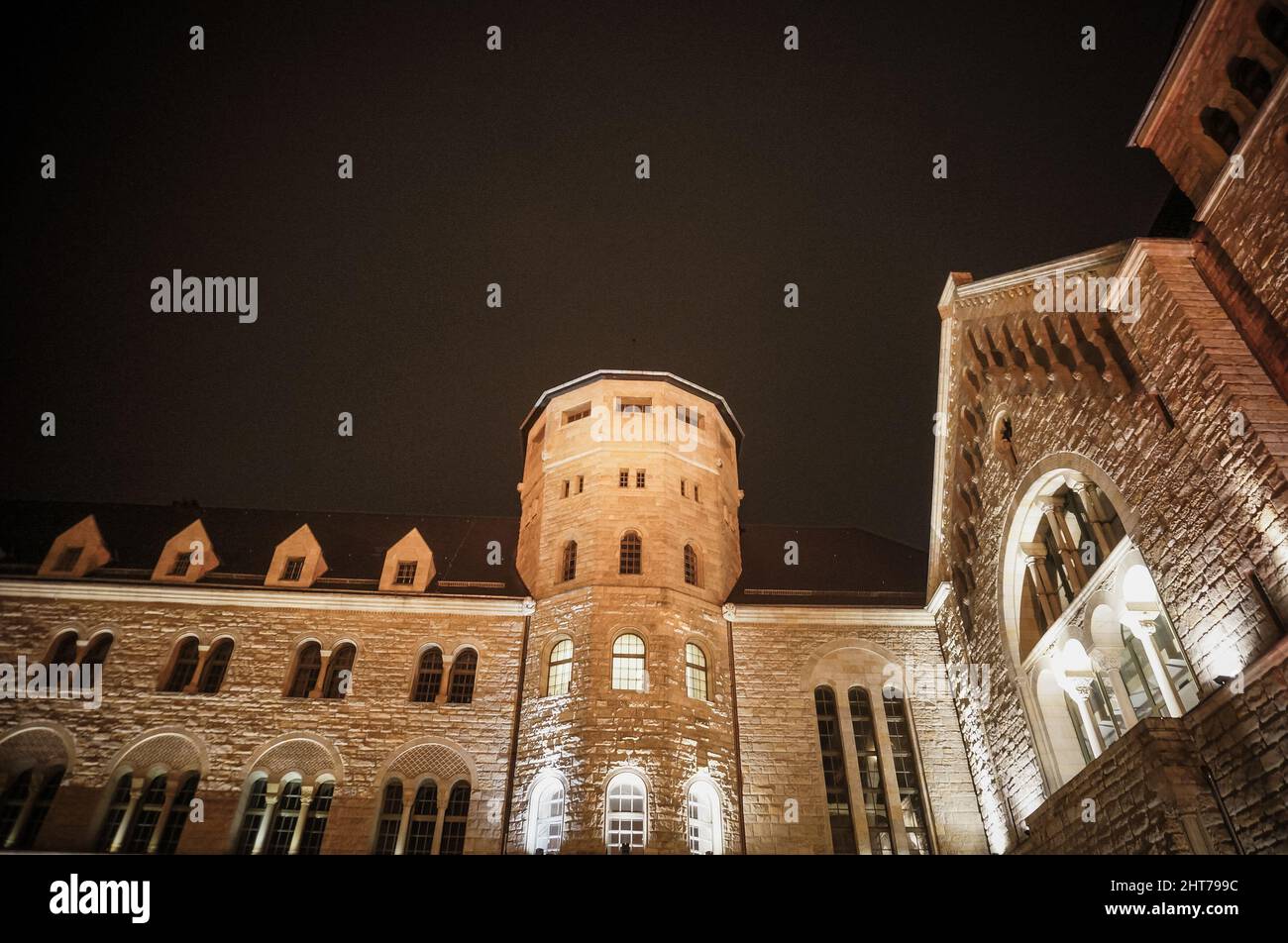 Low angle shot of the ancient Imperial castle building at night with ...