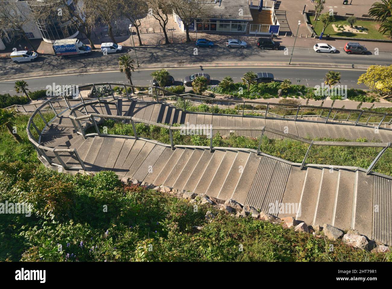 Zig-zag steps on the cliff-side above Torquay seafront, looking down ...