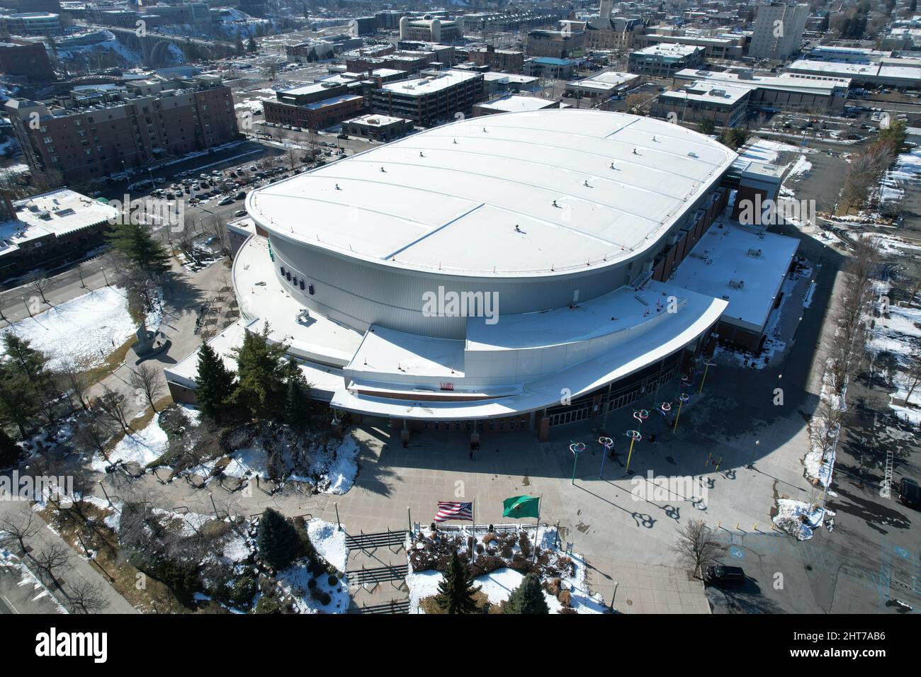 An aerial view of the Spokane Veterans Memorial Arena, Saturday, Feb ...