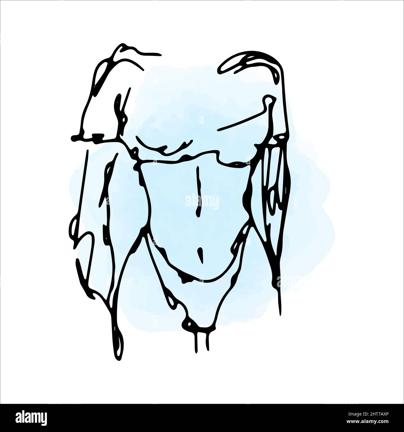 Women's body in one line art style. Watercolor blue spots on the ...