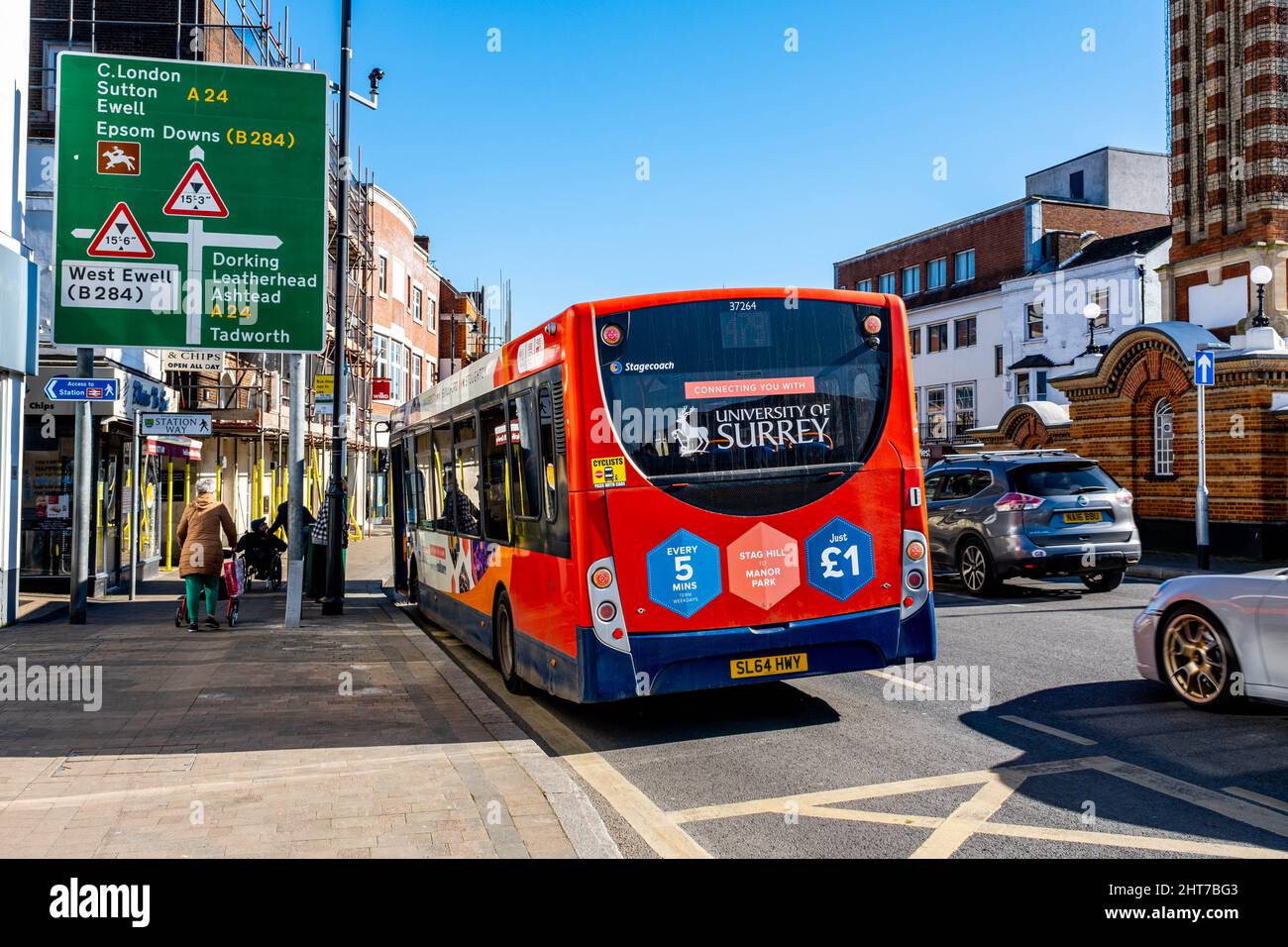 Epsom Surrey UK, February 27 2022, Single Deck Red Bus Stopped At Bus ...