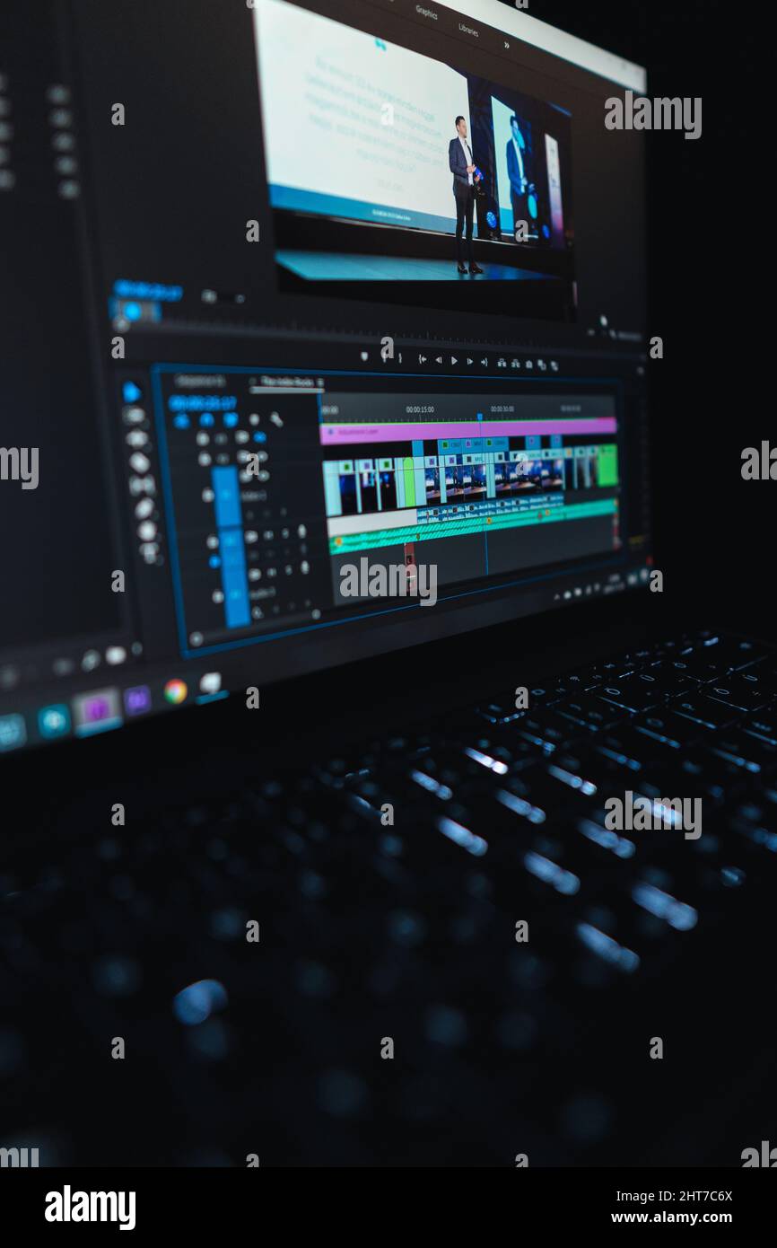 Vertical shot of a video editing process on a computer screen Stock ...