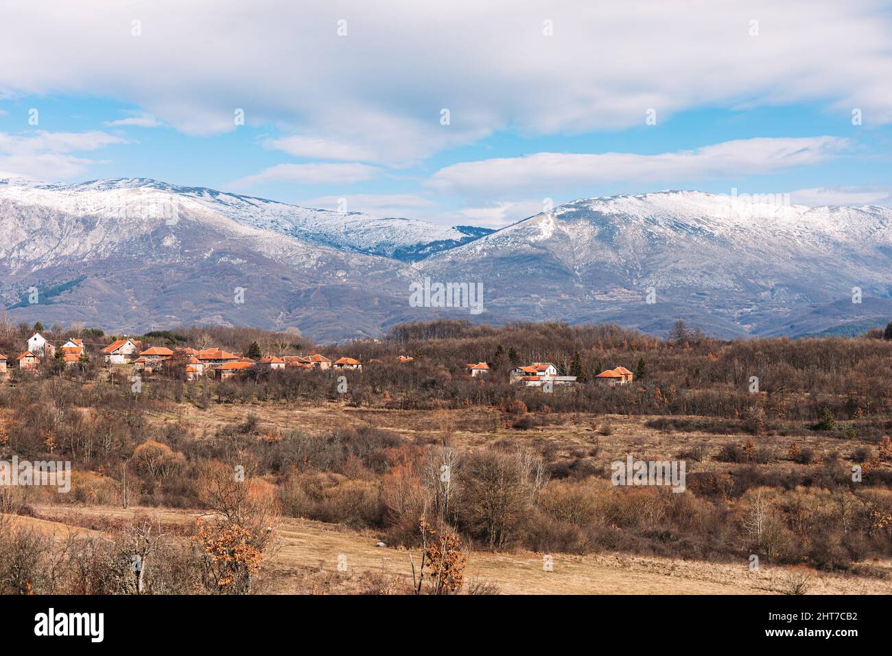 Landscape scenery of Dry Mountain in Eastern Serbia with village houses ...
