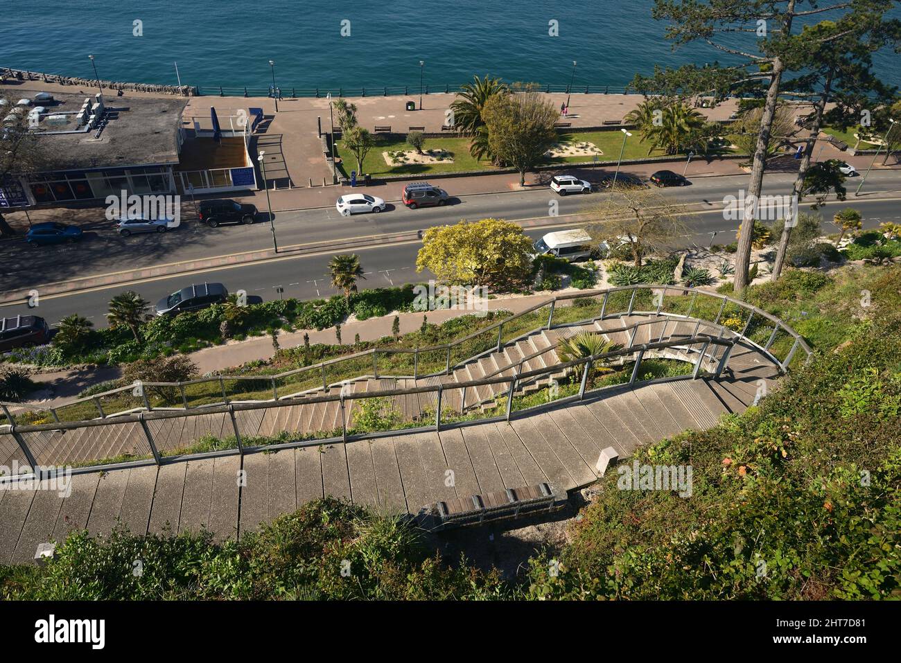 Zig-zag steps on the cliff-side above Torquay seafront, looking down ...