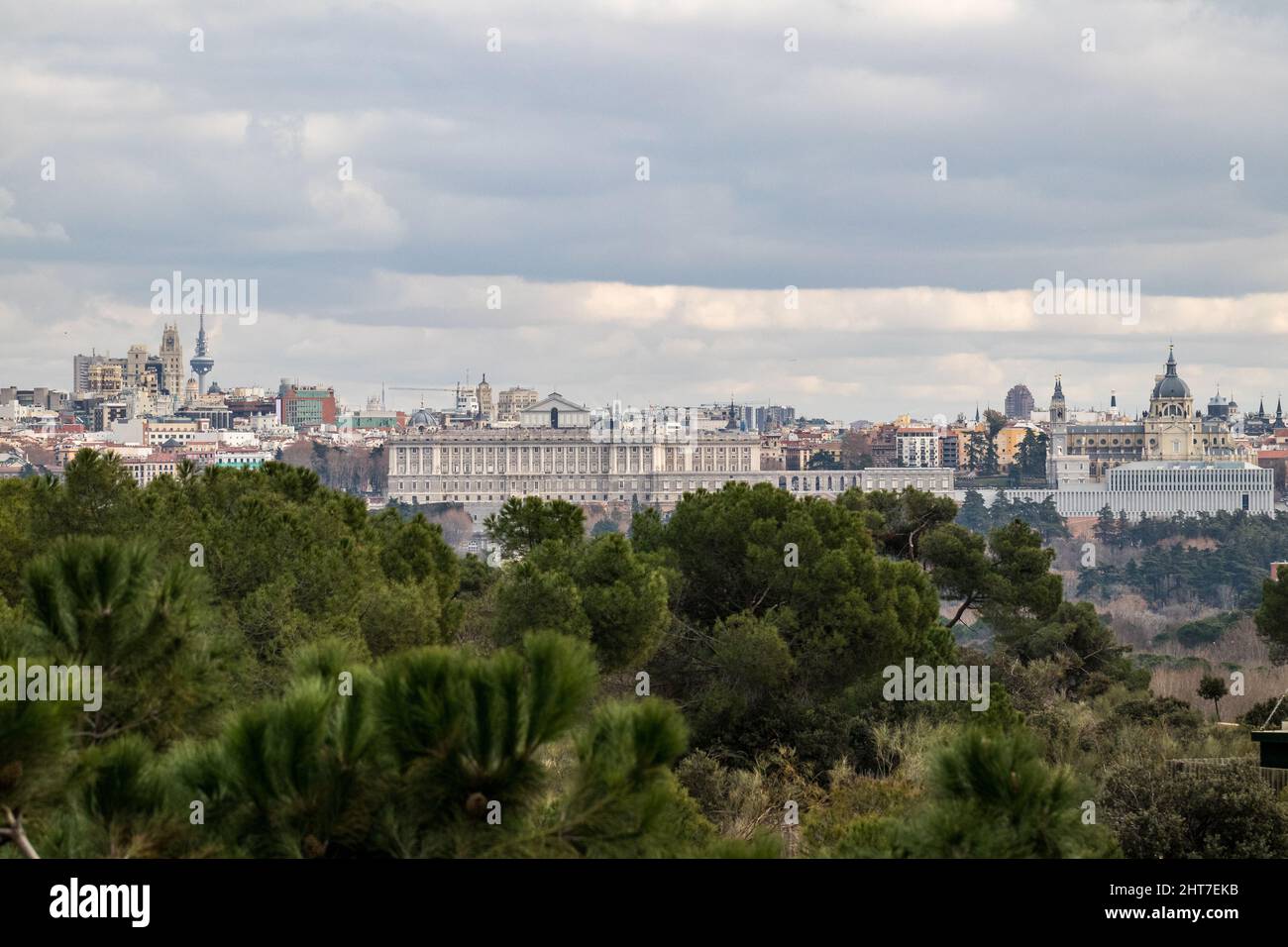 Aerial view of the city of Madrid, Spain under a cloudy sky with ...