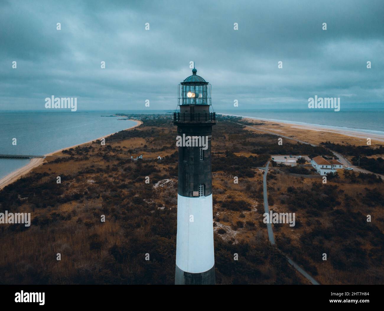 Aerial view of the Fire Island Lighthouse on a gloomy rainy day Stock ...