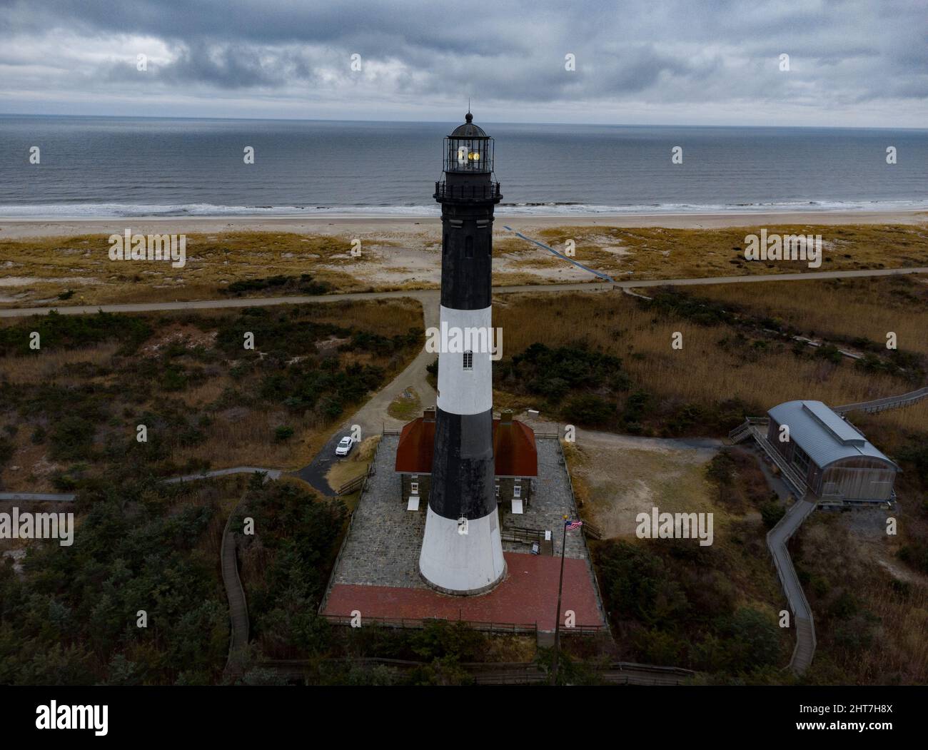 Aerial view of the Fire Island Lighthouse on a gloomy rainy day Stock ...