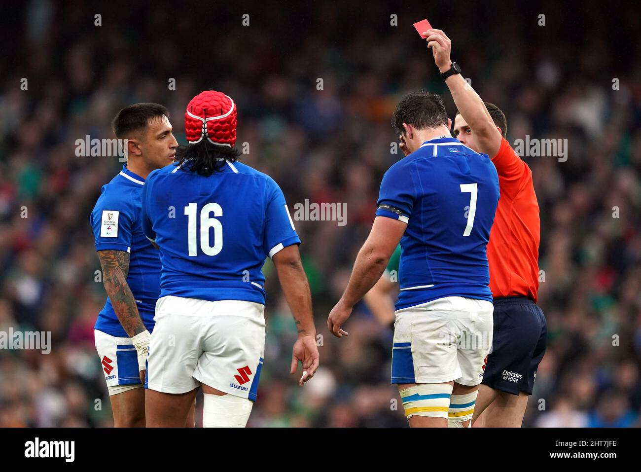 Italy's Hame Faiva (no.16) is shown a red card during the Guinness Six ...