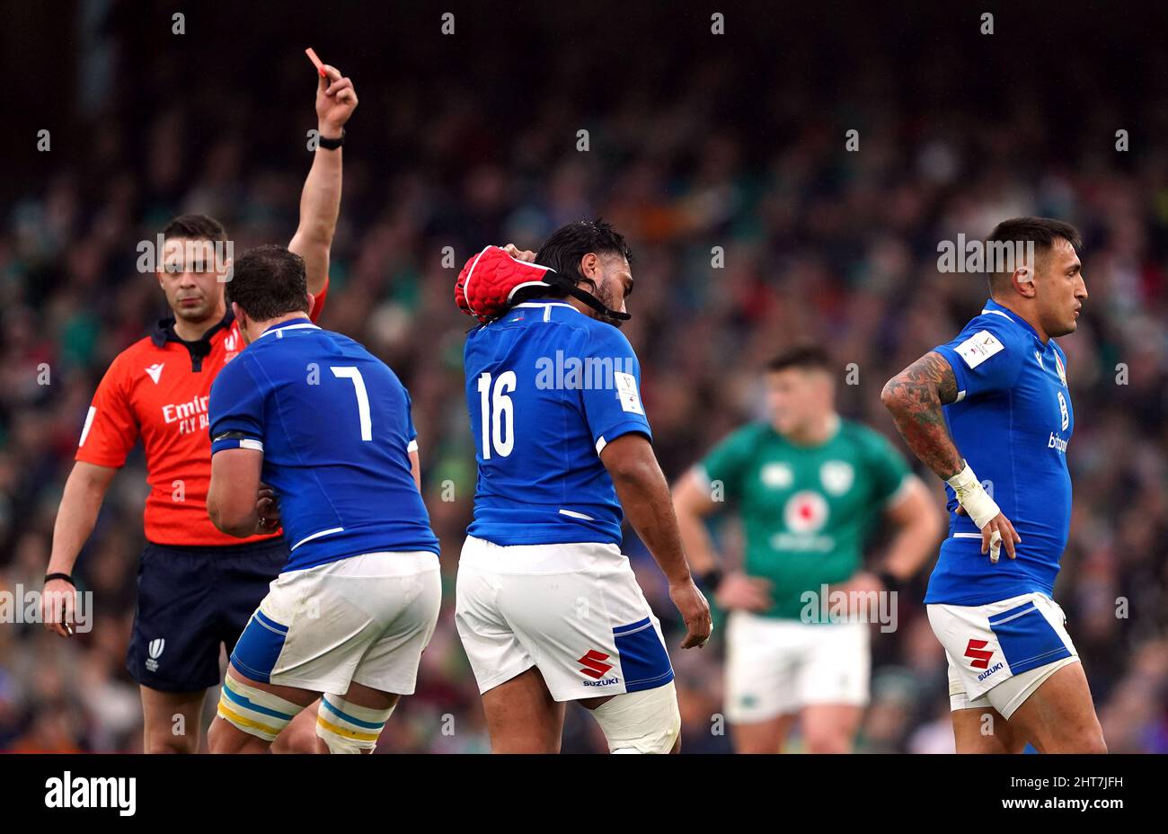 Italy's Hame Faiva (no.16) is shown a red card during the Guinness Six ...