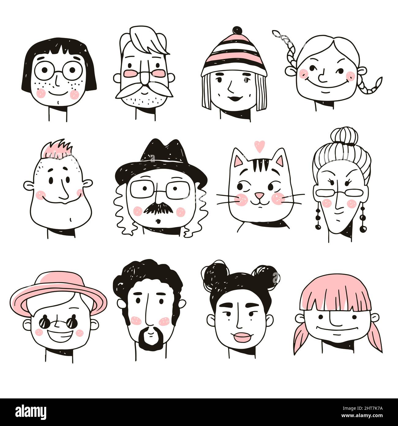 Set of people's faces. Hand drawn vector illustration in doodle style ...