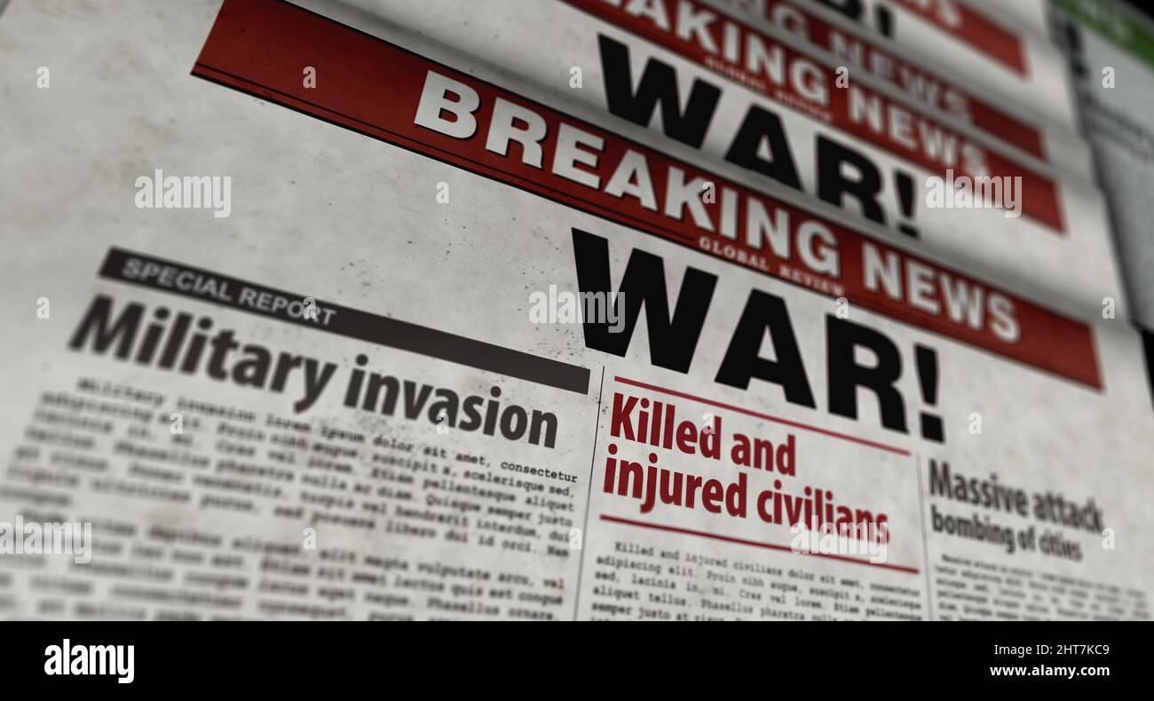 War news, humanitarian crisis and military invasion. Newspaper print ...