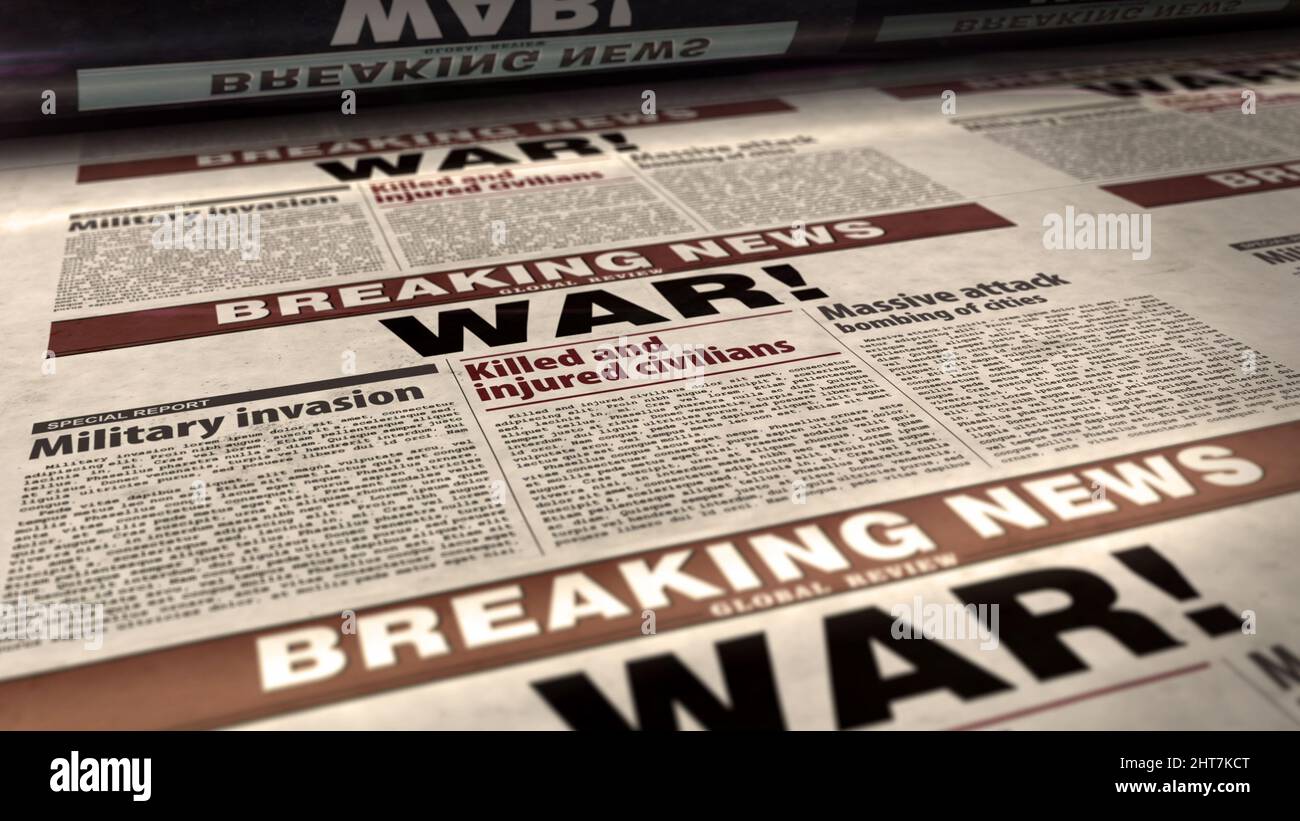 War news, humanitarian crisis and military invasion. Newspaper print ...