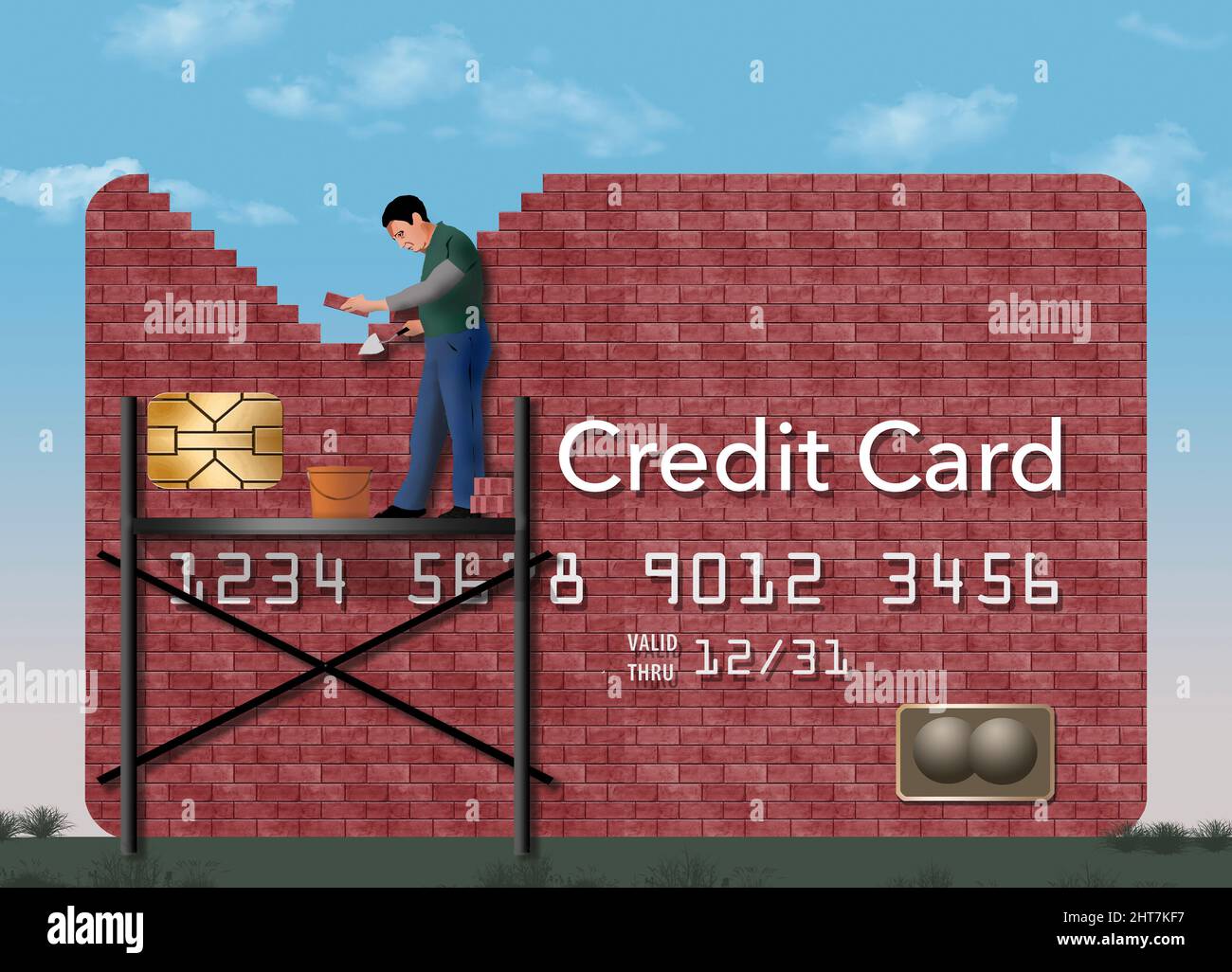 A brick mason is on a scaffolding rebuilding a brick credit card in a 3 ...