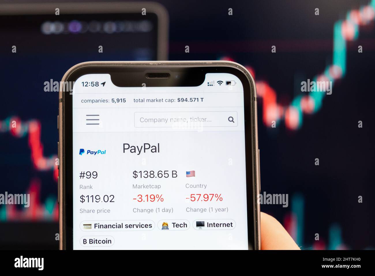PayPal stock price on the screen of cell phone in mans hand with ...