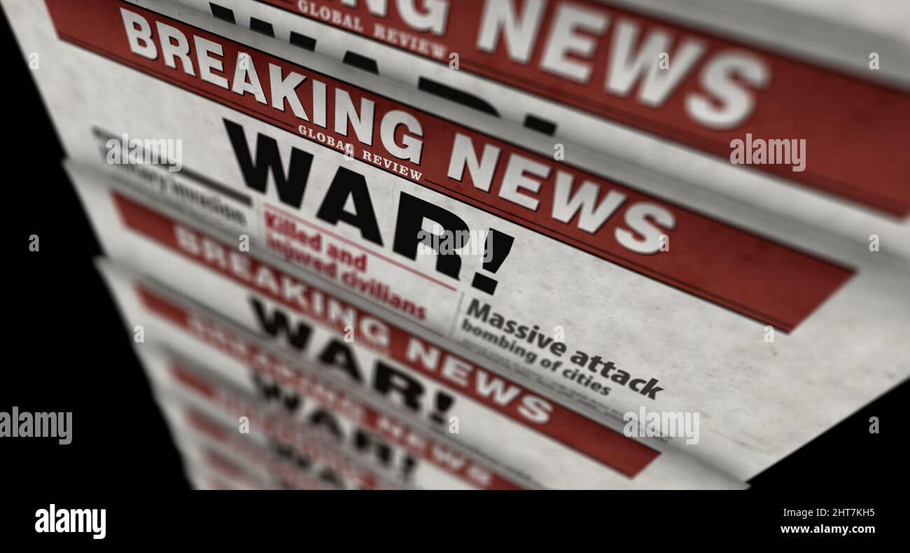 War news, humanitarian crisis and military invasion. Newspaper print ...