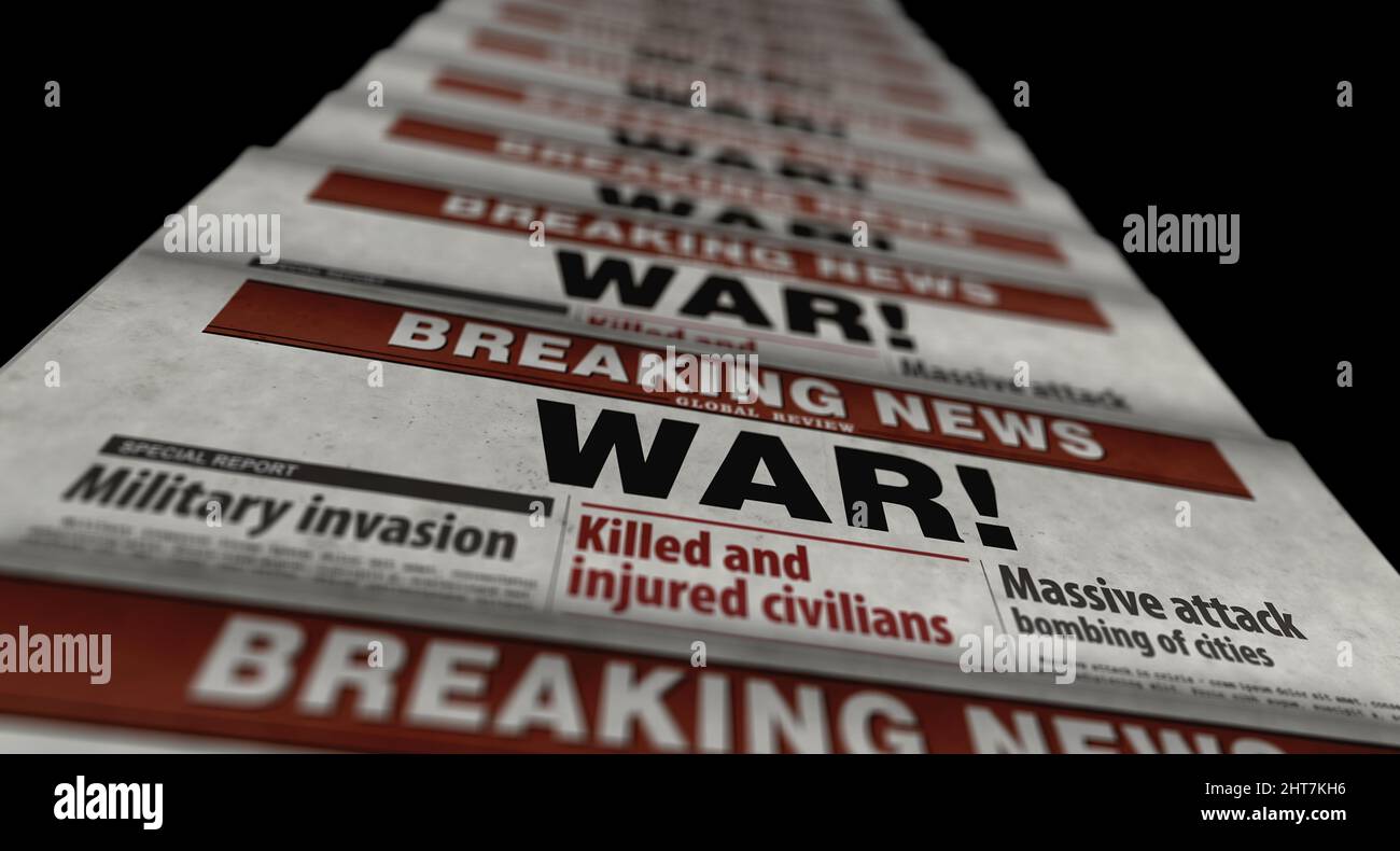 War news, humanitarian crisis and military invasion. Newspaper print ...