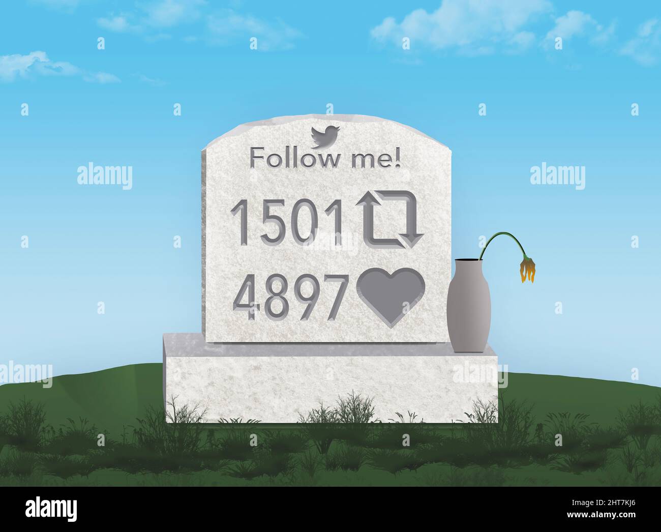 A headstone in a cemetery is carved with the message, "Follow me!" and ...