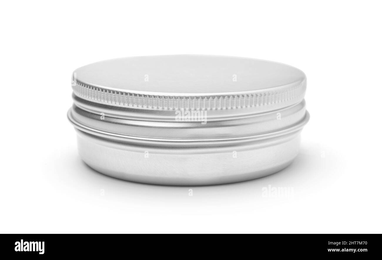 Closed round small metal can isolated on white Stock Photo - Alamy