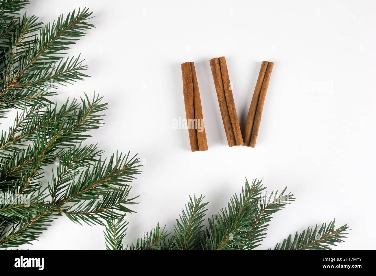 White background with pine trees and cinnamon sticks for different ...