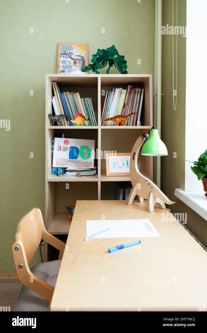 desk with sheet of paper with math test in the children room Stock ...