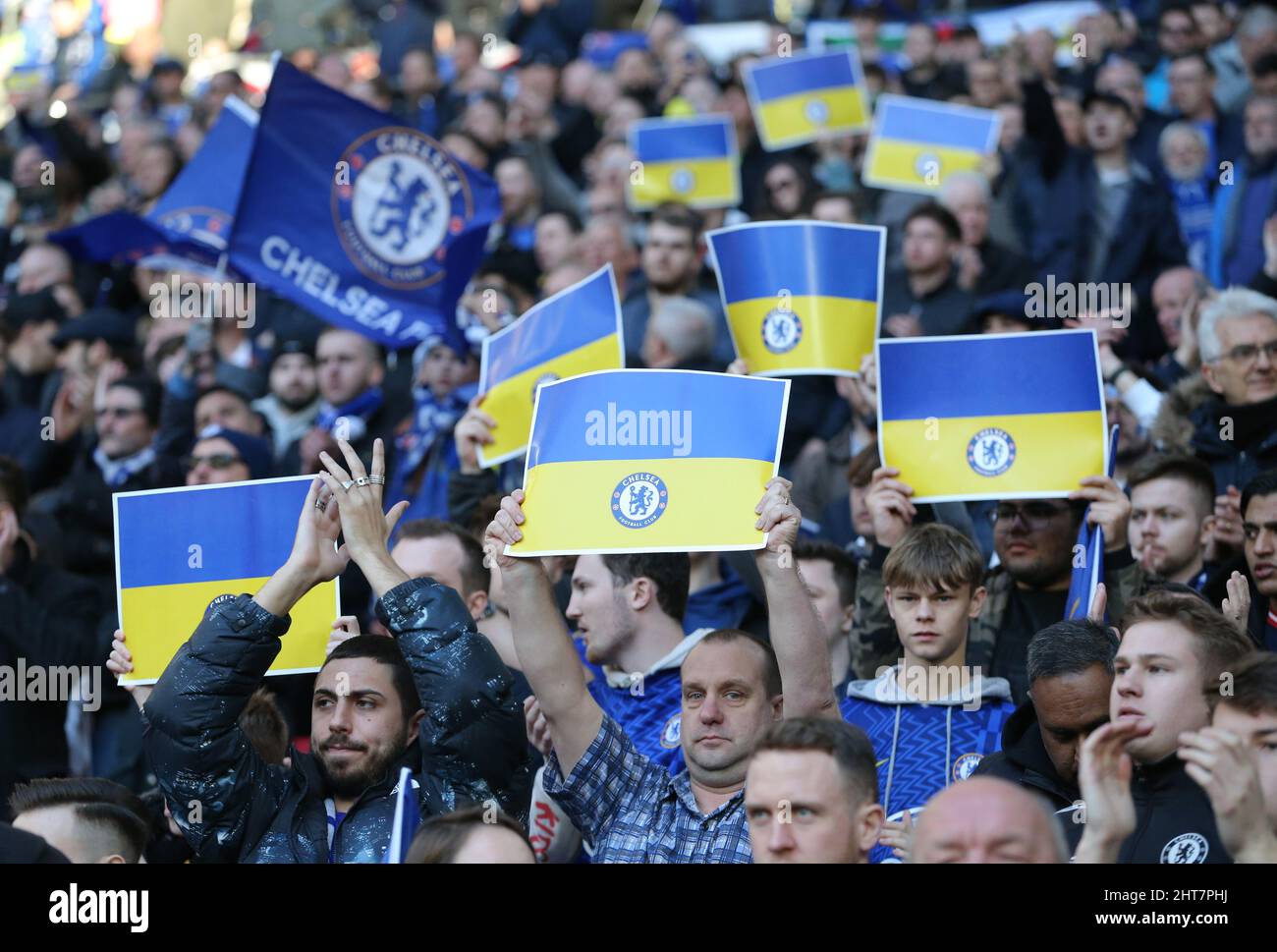 CHELSEA FANS HOLD UP A PICTURE OF THE UKRAINE FLAG IN SUPPORT, CHELSEA ...