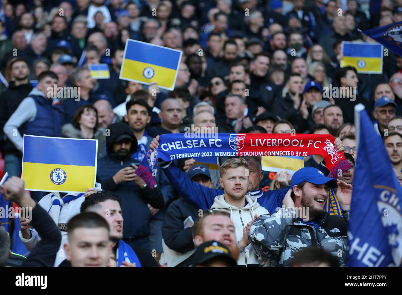 CHELSEA FANS HOLD UP A PICTURE OF THE UKRAINE FLAG IN SUPPORT, CHELSEA ...