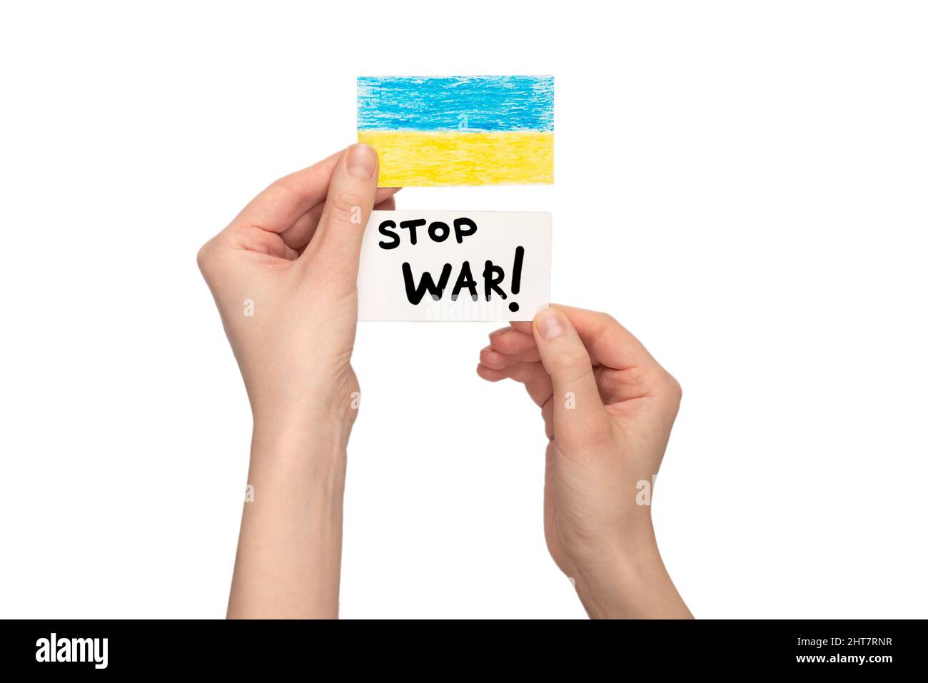 Stop war text on a card isolated on a white background in woman hands ...