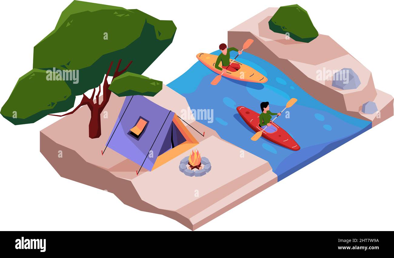 Kayak tourism. Extreme water river rafting adventures garish vector ...