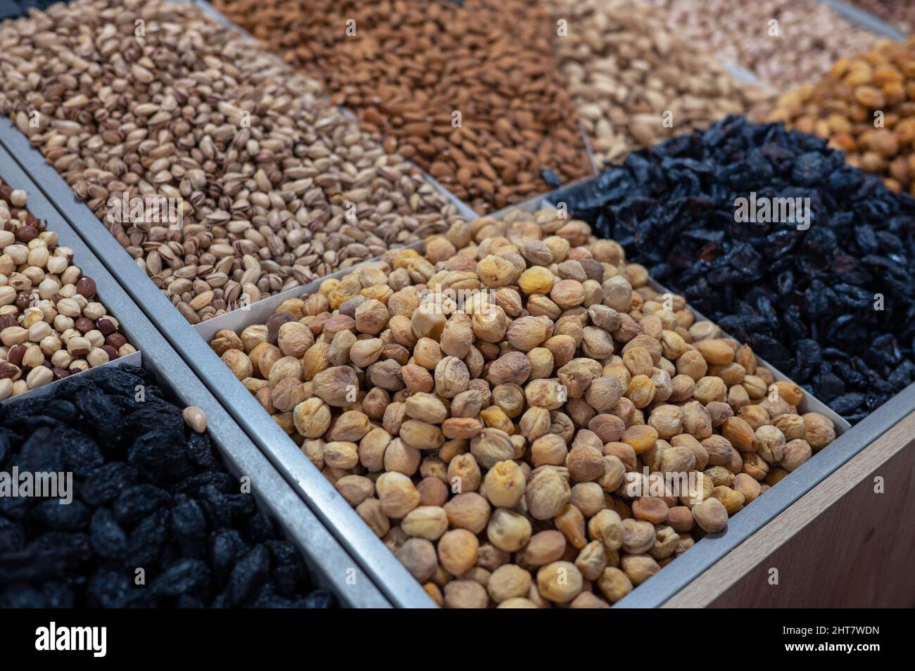 Dried fruits and nuts on local food market Stock Photo - Alamy