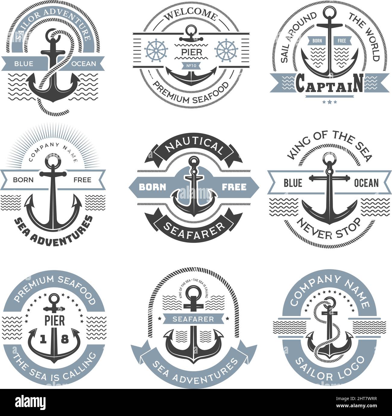 Nautical logo. Marine labels with anchors symbols for ocean exploration ...