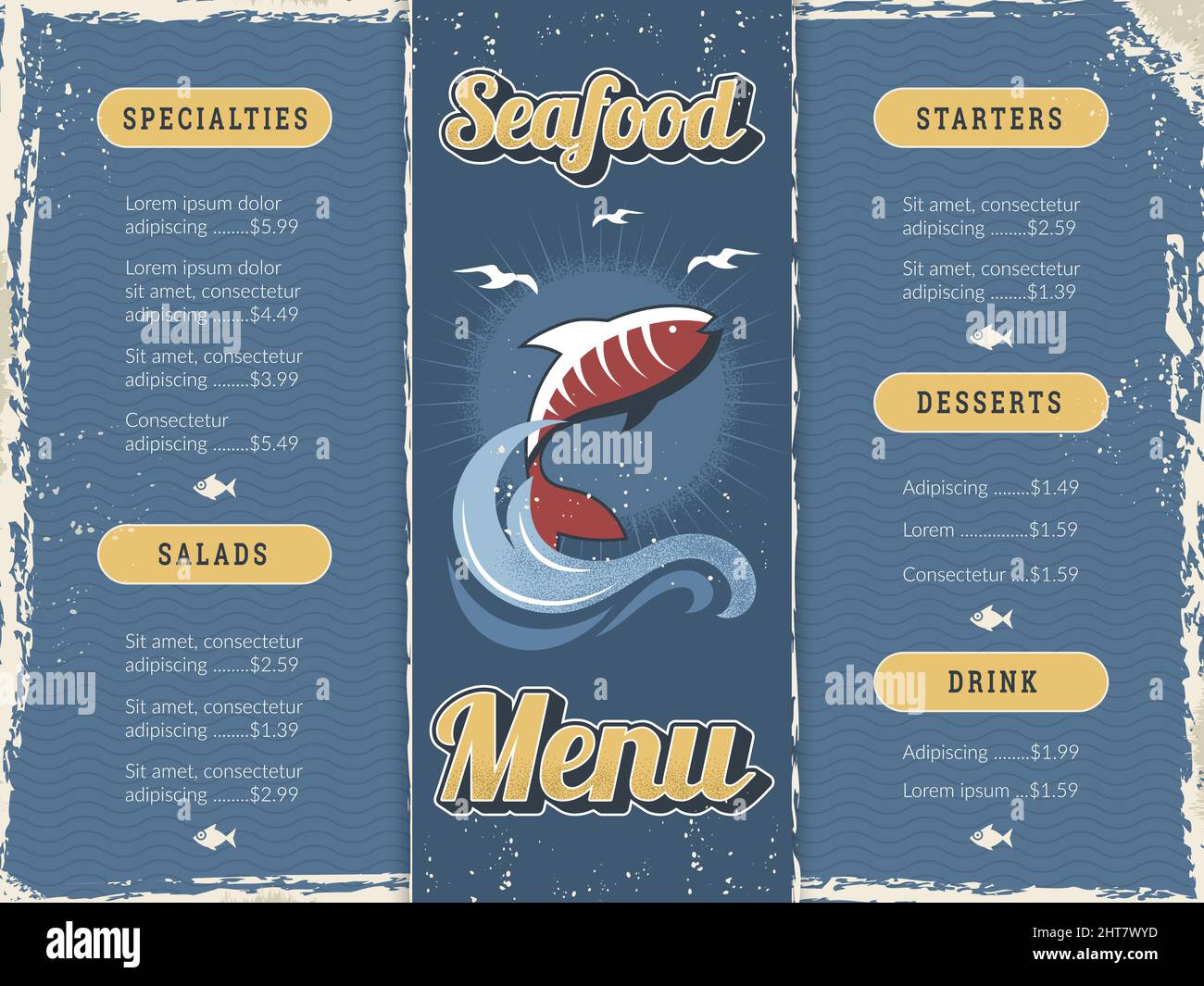 Seafood restaurant menu. Print templates with stylized pictures of ...