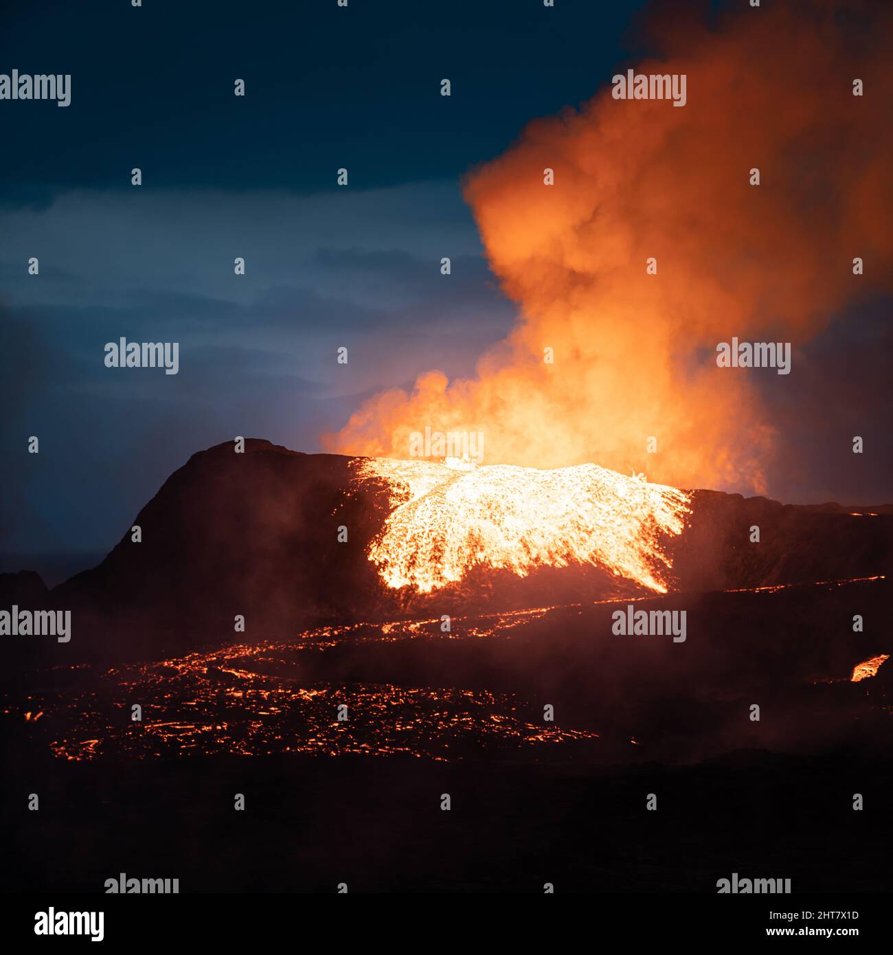 Scenic view of lava in the Fagradalsfjall volcano in Iceland on cloudy ...