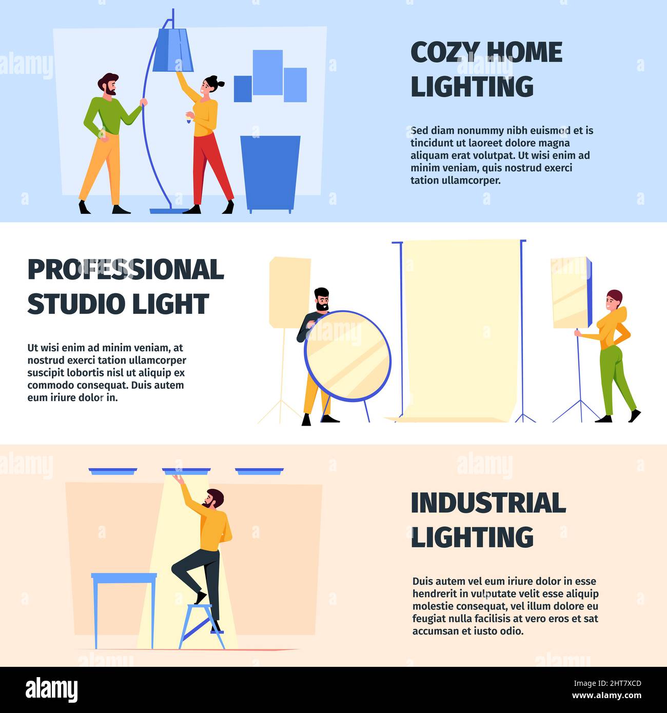 Electrician banners. Installing and decorating light bulbs in interior ...